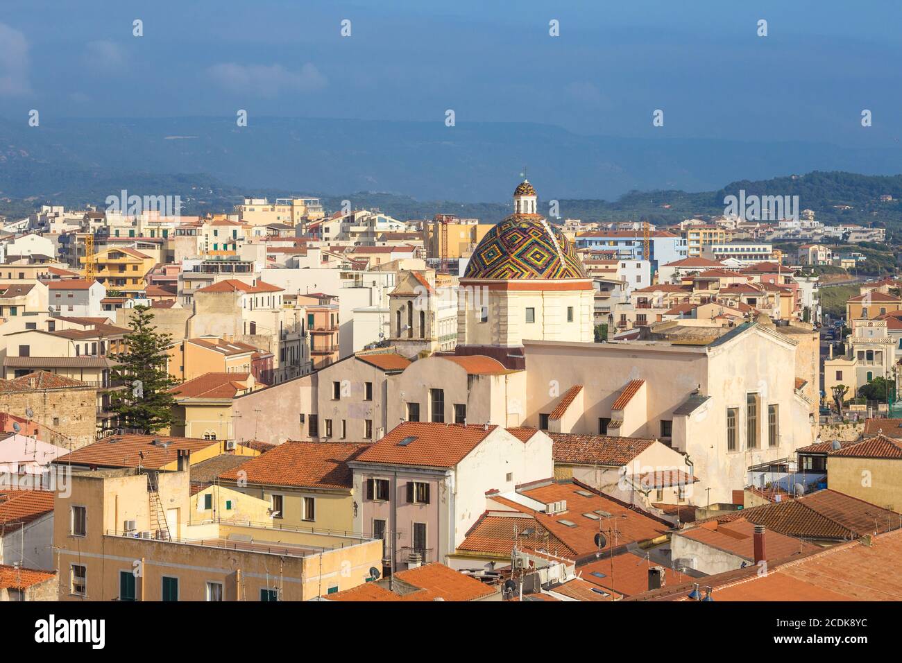 Italy, Sardinia, Alghero, View of historical center towards St Michael ...