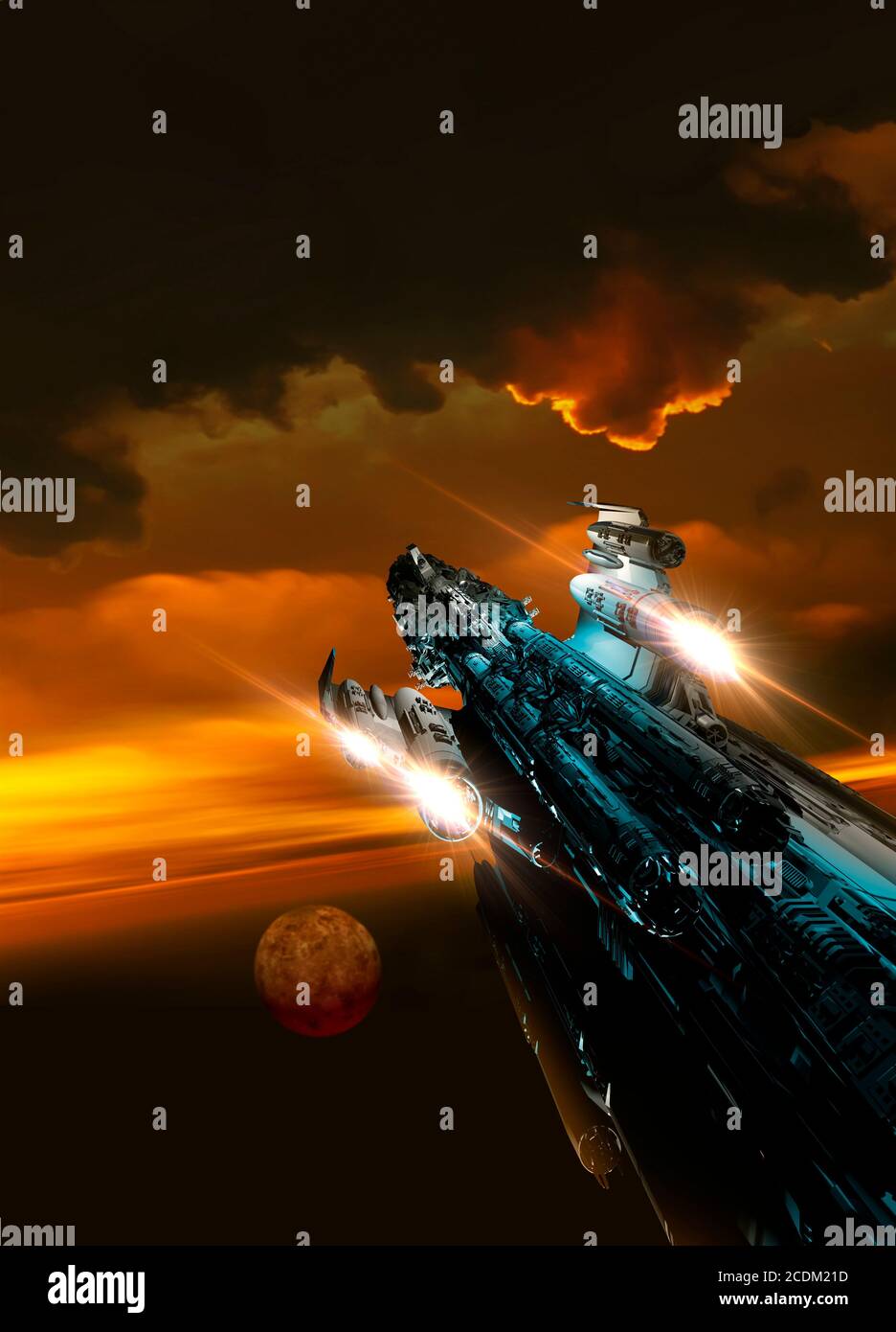 Illustration of a spaceship flying over an alien planet Stock Photo - Alamy