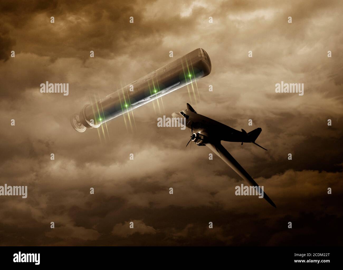 Unidentified flying object (UFO) and aeroplane, illustration Stock ...