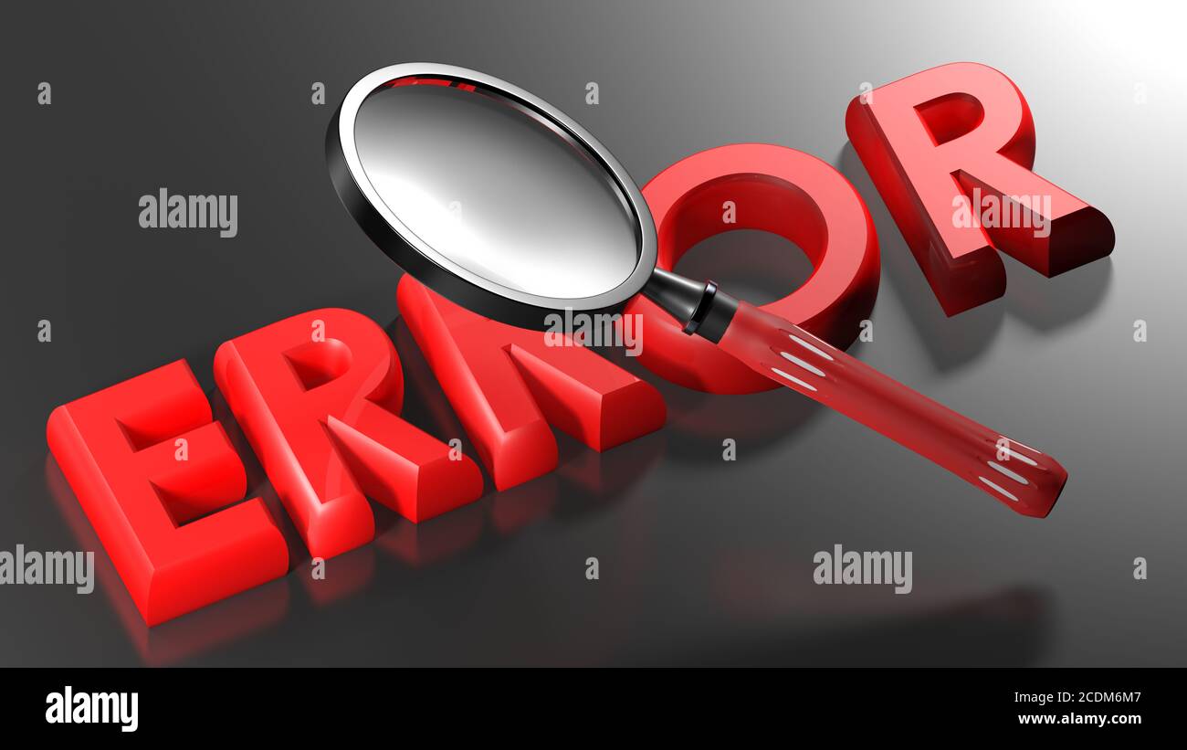 Magnifier passing over the word ERROR on a black surface - 3D rendering ...