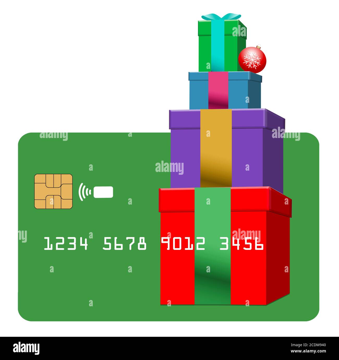 A credit card or debit card is seen decorated with Christmas gift boxes ...