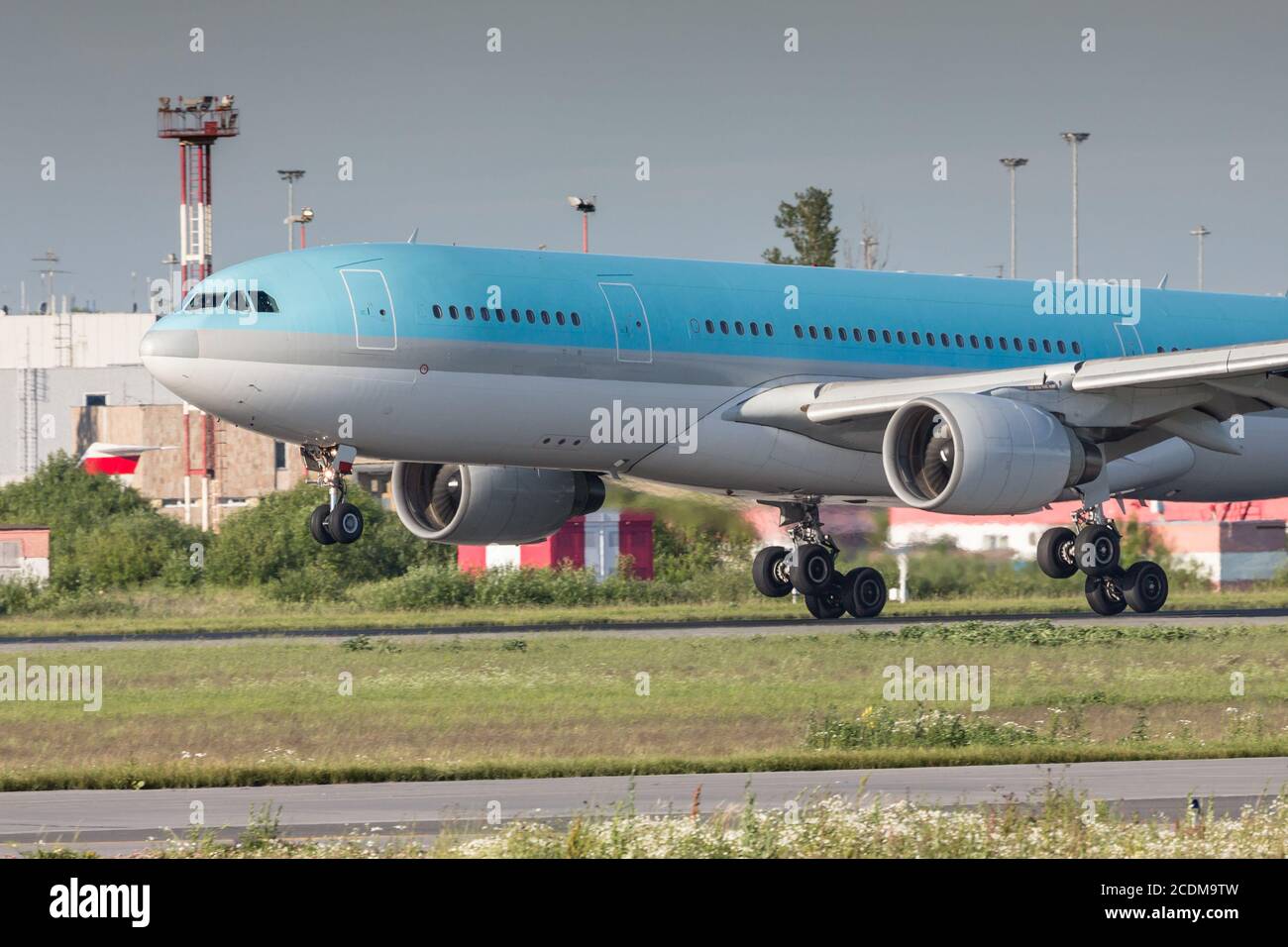 Closeup of modern passenger airplane landing with touchdown on the ...
