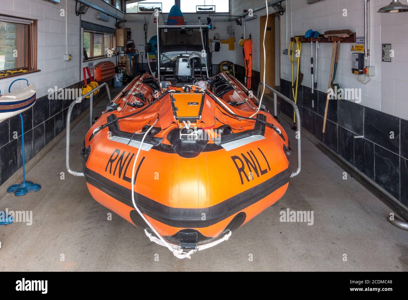 An RNLI lifeboat in the lifeboat house at Exeter in South Devon, UK ...
