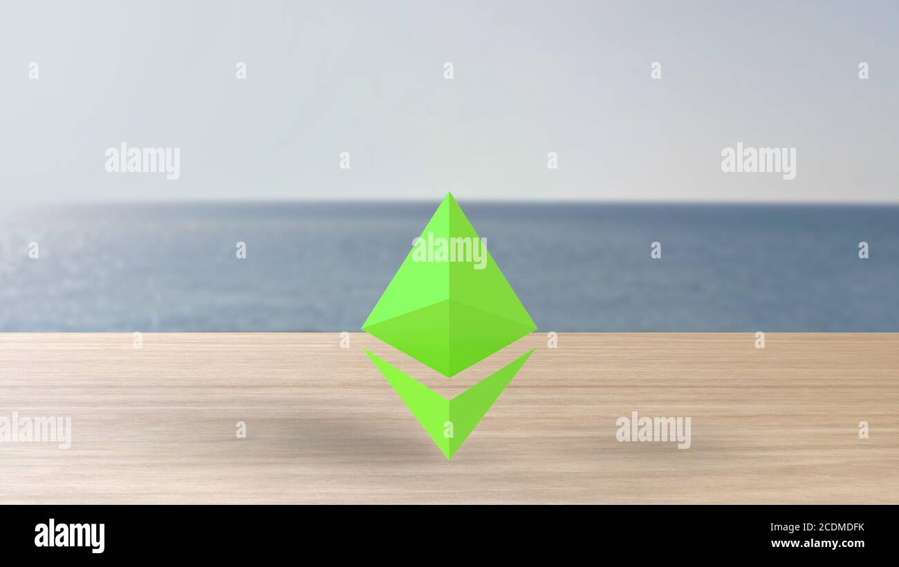 Green Ethereum gold sign icon on wood table blur sea with the sky. 3d ...