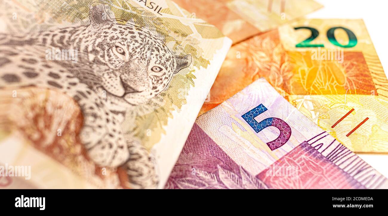 Real currency, money from brazil. Brazilian banknotes in close up ...