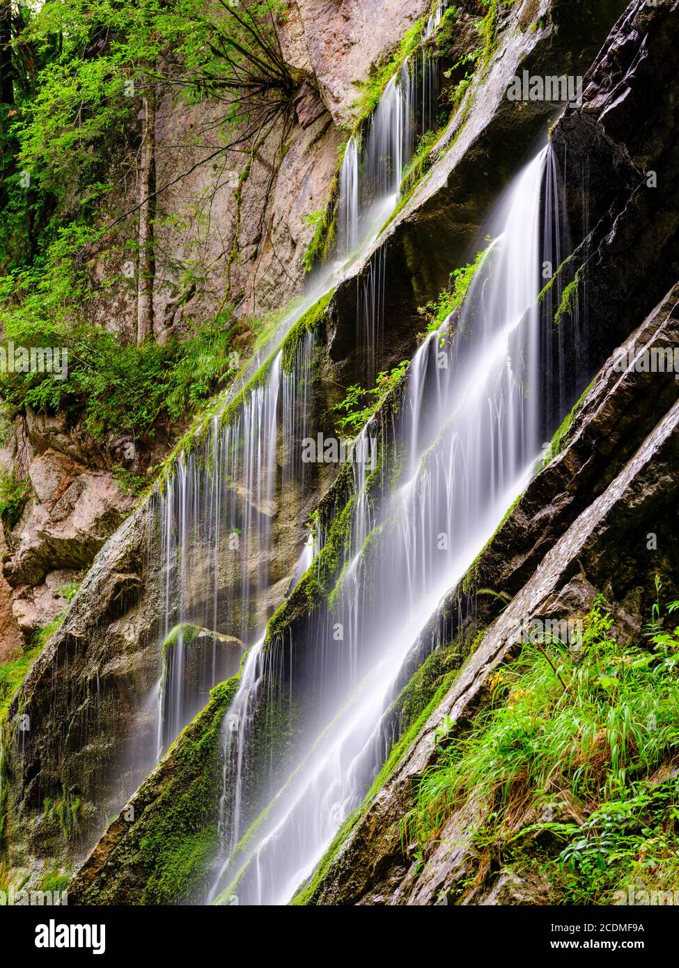 Waterfall on mossy rock face, Wimbachklamm, Wimbachtal, Berchtesgaden ...