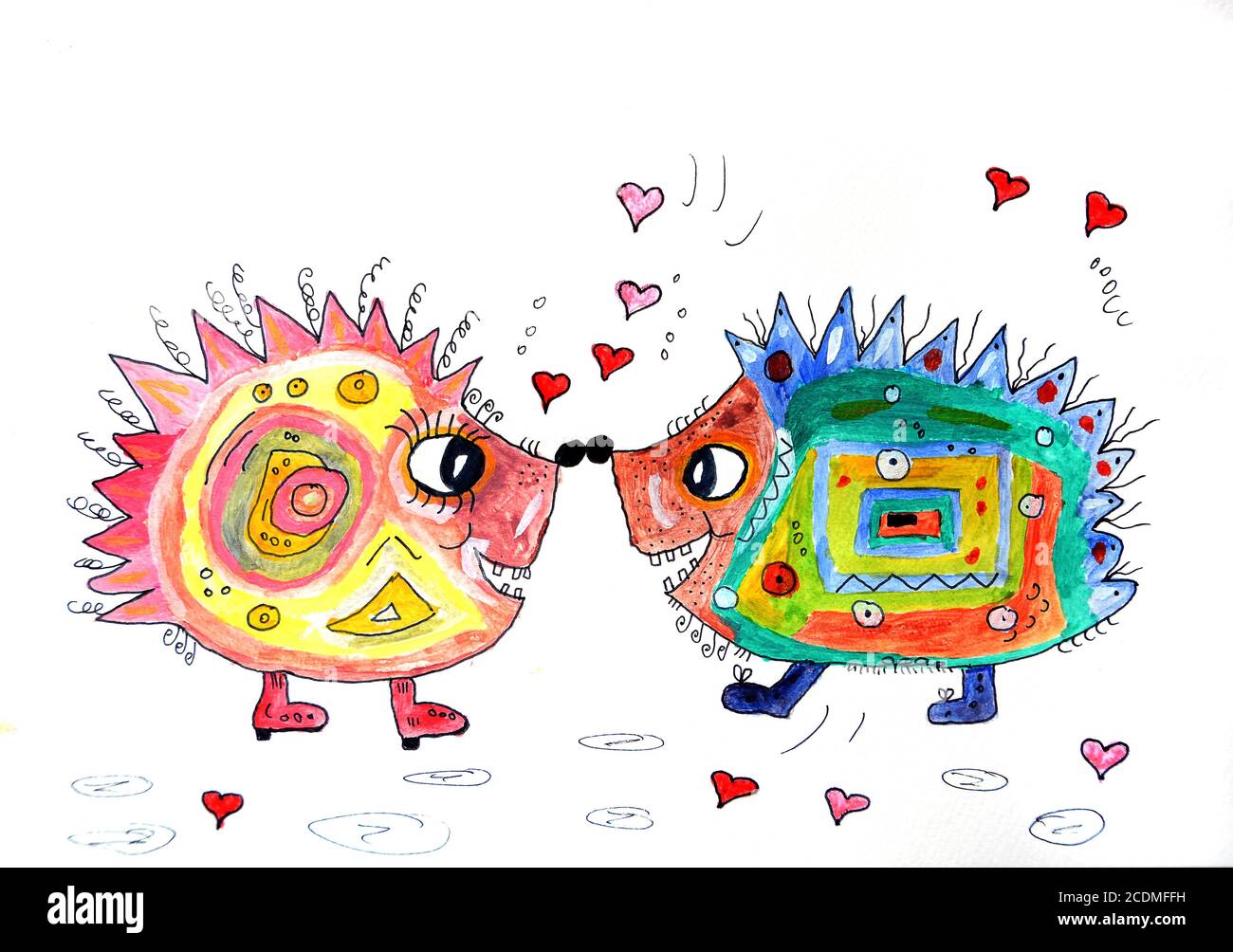 Two hedgehogs in love, naive painting, Germany Stock Photo - Alamy
