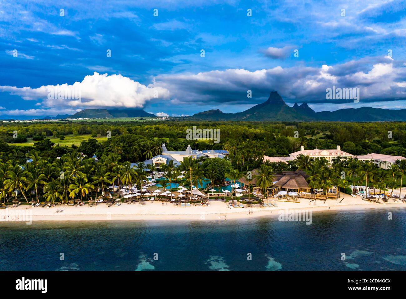 Aerial view, the beach of Flic en Flac with luxury hotels and palm ...