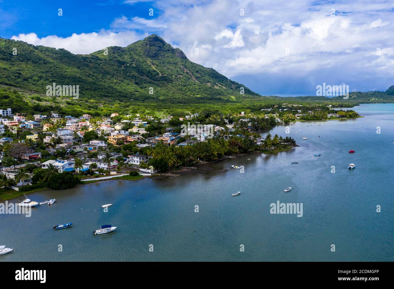 Aerial view, the village of Tamarin at the mountain du Tamarin ...