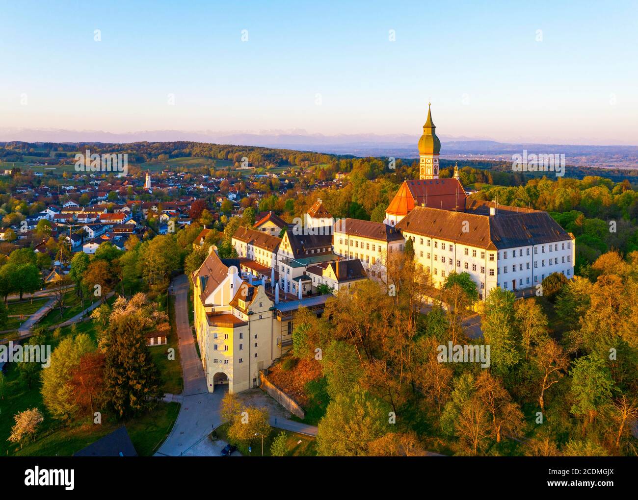 Monastery Andechs and village Erling in the morning light ...