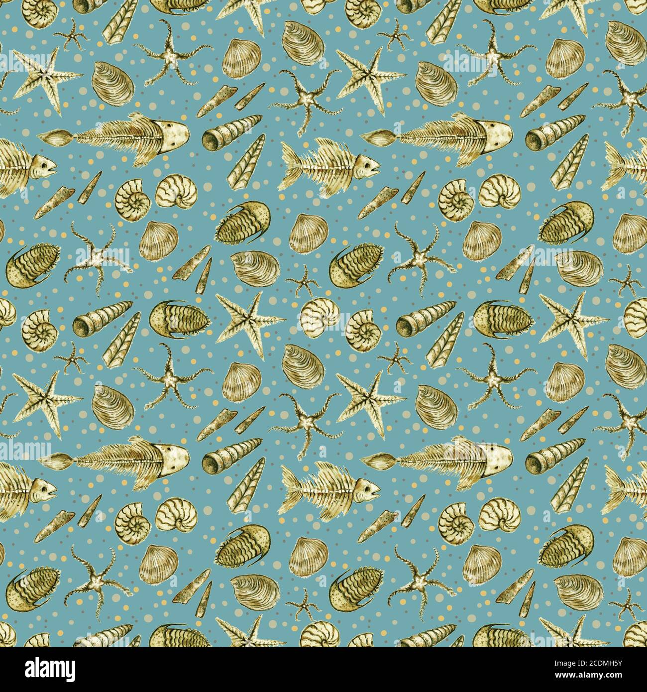 Seamless pattern of hand drawn seashell, ammonites, trilobite and other ...