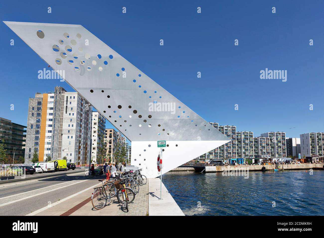 Observation tower at the quay, striking geometric shape, sculpture ...