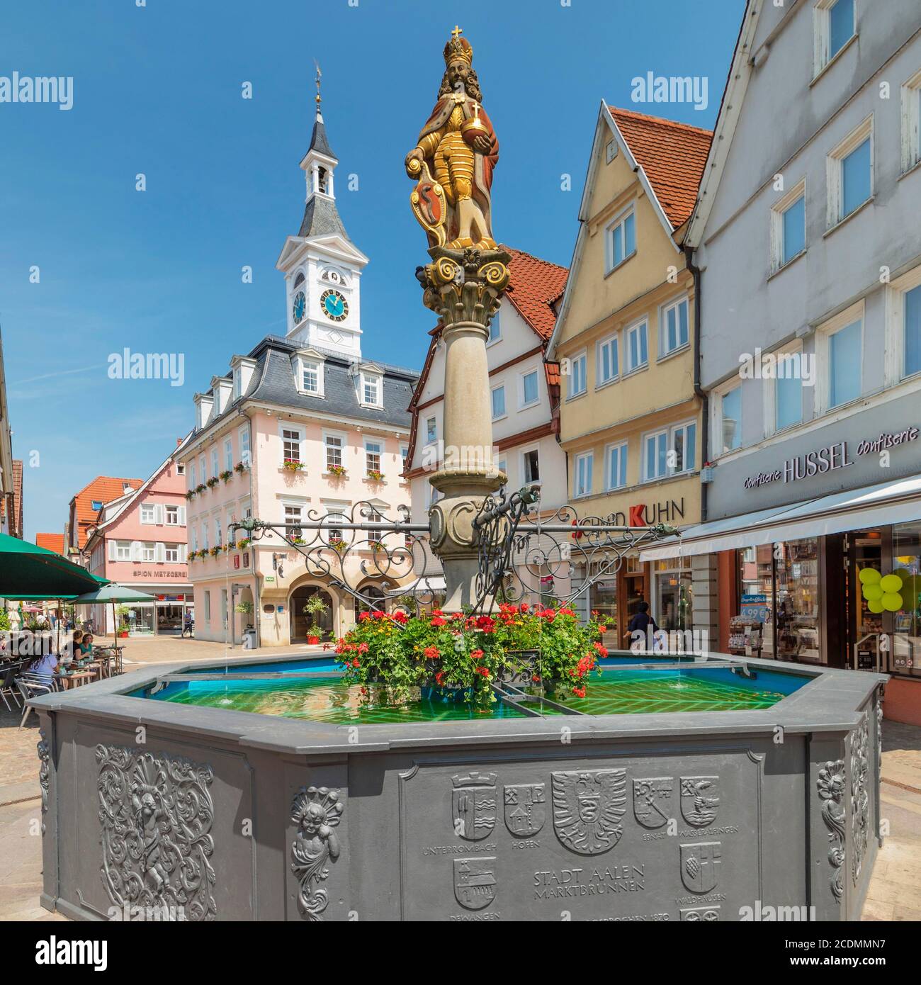 Market fountain and historic town hall on the market square, Aalen ...
