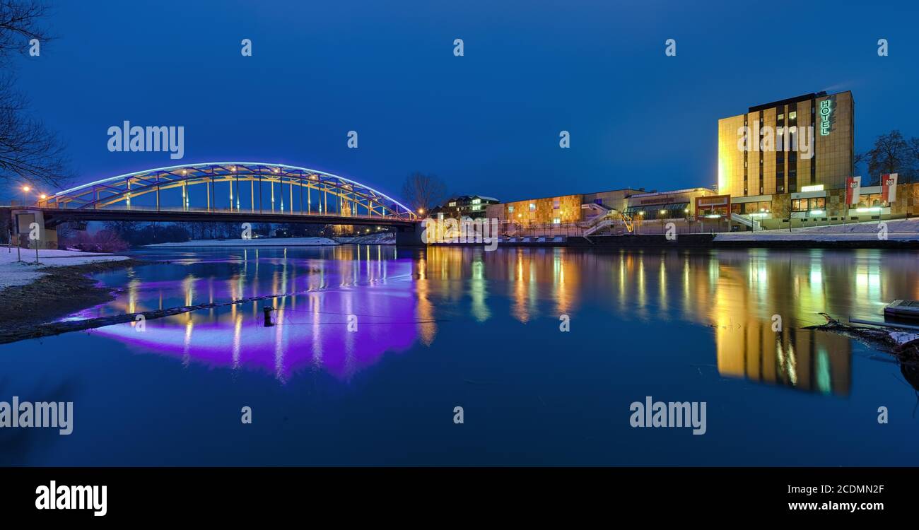 Weser, bridge, illuminated, Rinteln, Germany Stock Photo - Alamy