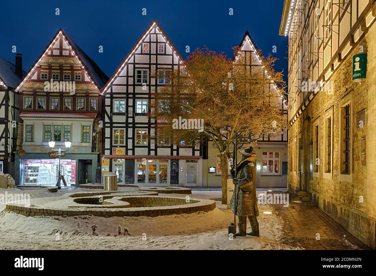 Winter with snow, market place, illuminated, Rinteln, Germany Stock ...
