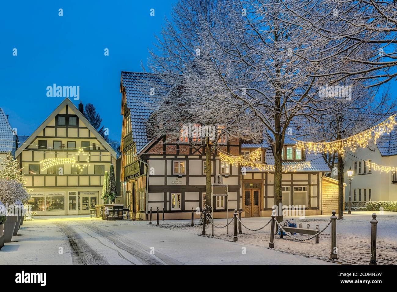 Winter with snow, old local history museum, illuminated, Rinteln ...