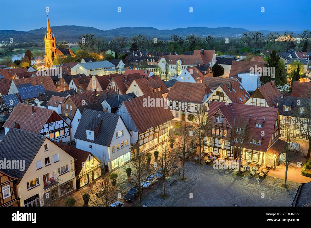 Aerial view, church square, illuminated, Rinteln, Germany Stock Photo ...