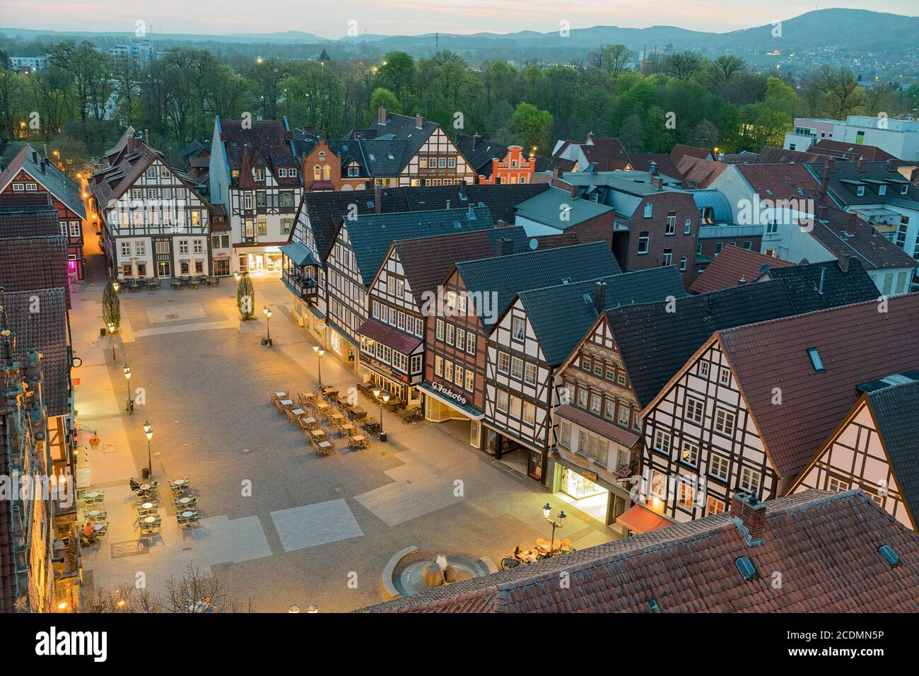 Aerial view, market place, illuminated, Rinteln, Germany Stock Photo ...