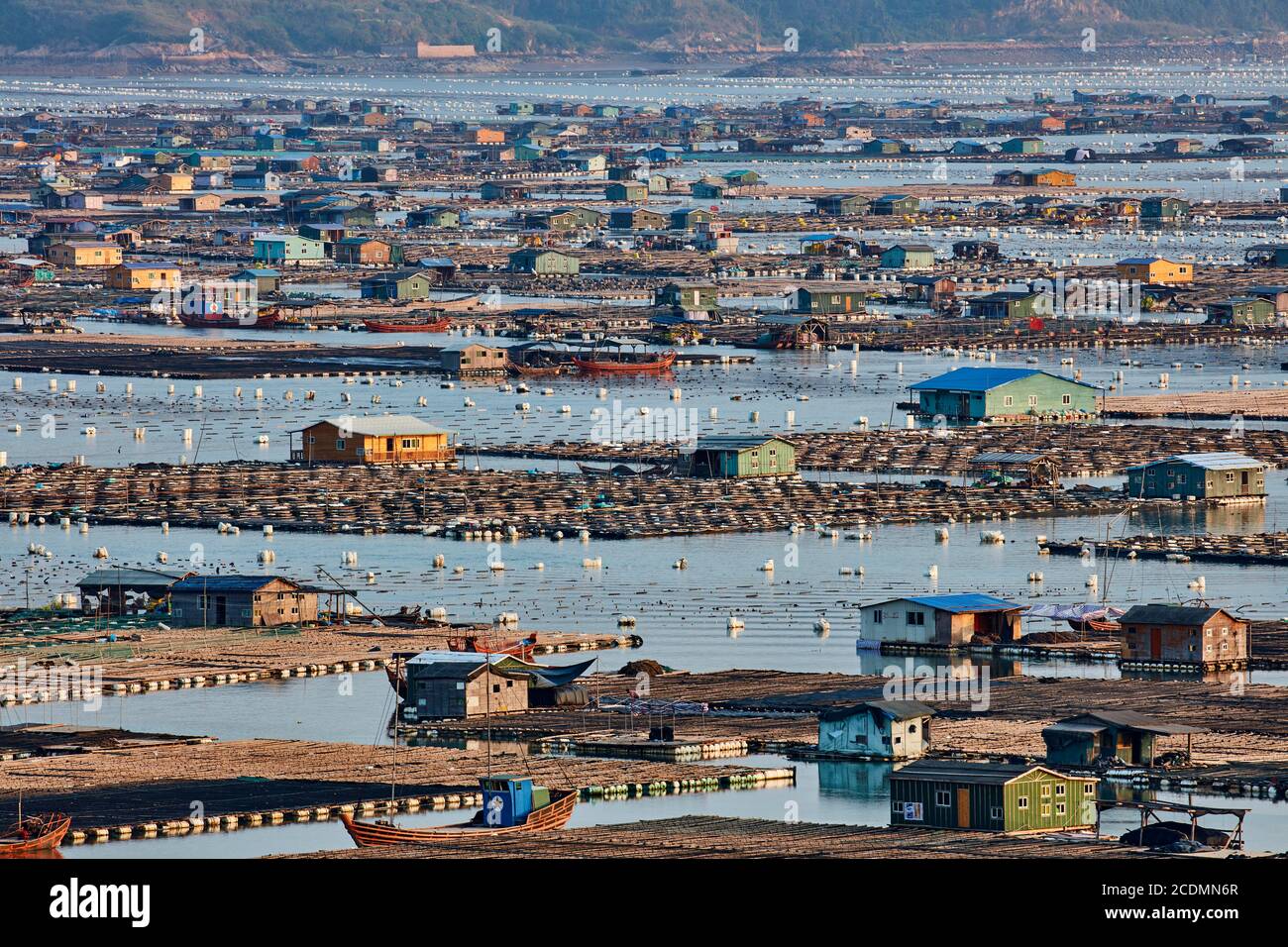 Floating city in bay, houses on bamboo constructions with aquacultures ...
