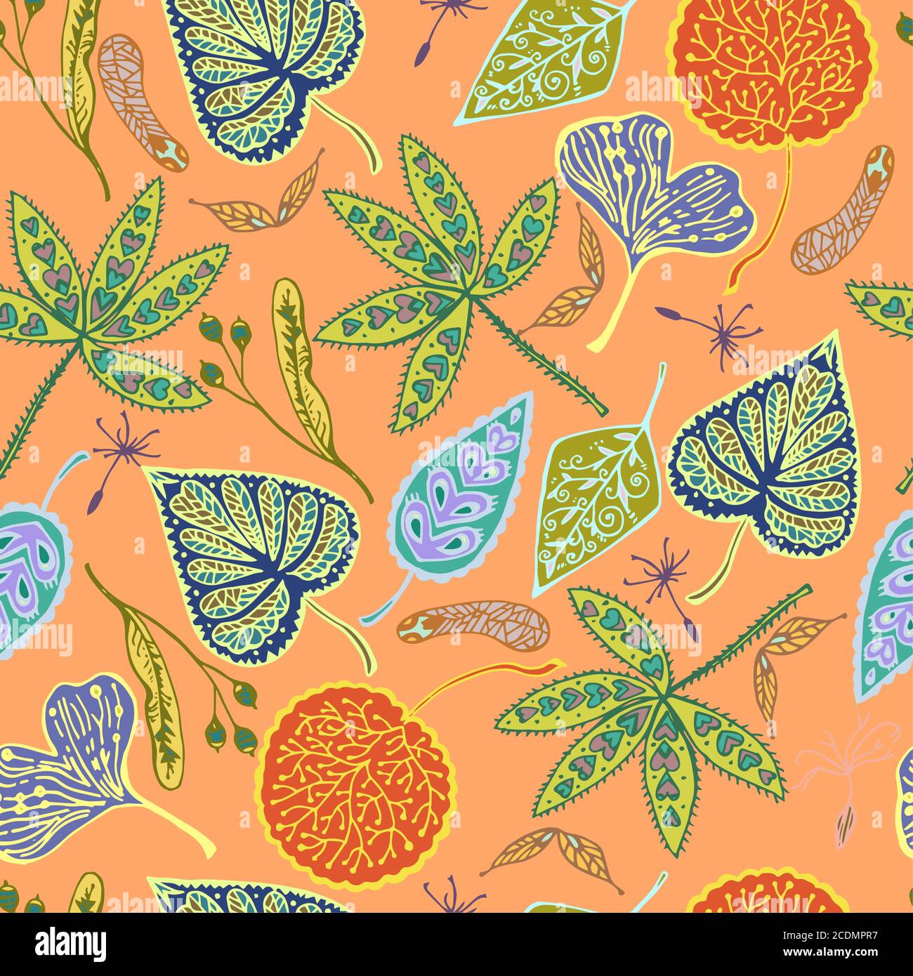 Autumn seamless pattern with ornamental leafs and seed. Hand drawn ...