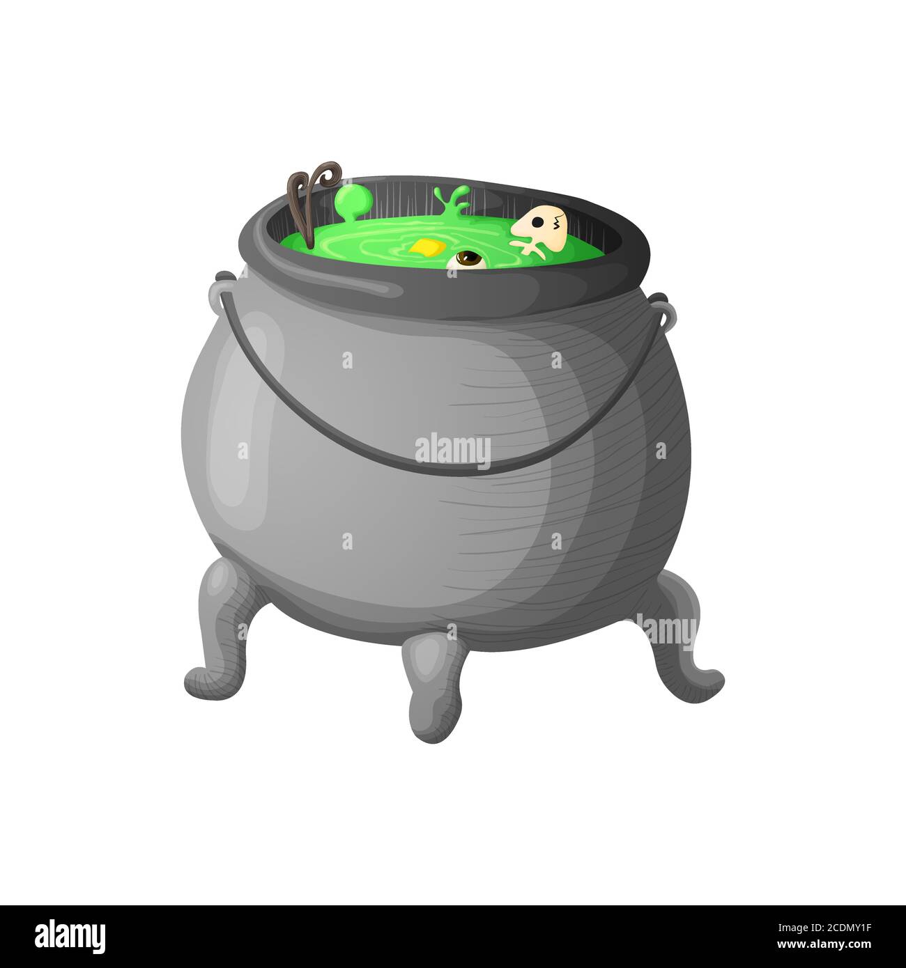 Witch cauldron with bubbling green liquid isolated on white background ...