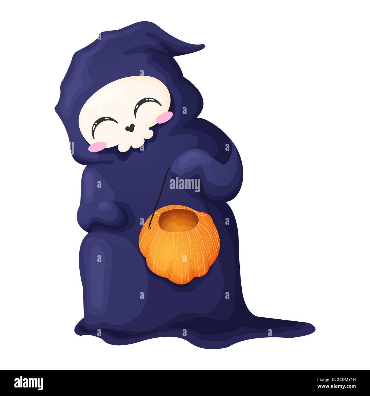 Cute cartoon grim reaper sitting with pumpkin isolated on white ...