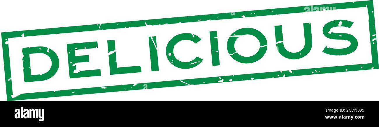 Grunge green delicious word square rubber seal stamp on white ...