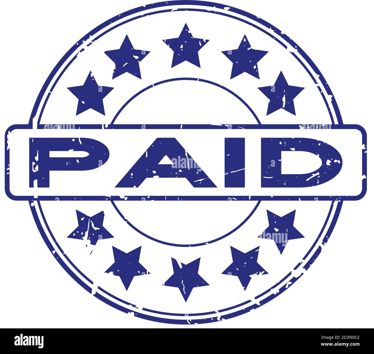 Grunge blue paid with star icon round rubber seal stamp on white ...