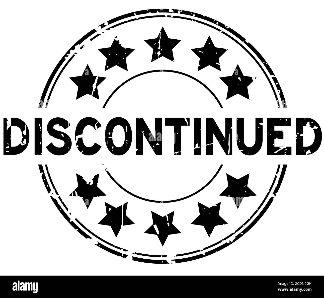 Grunge black discontinued with star icon round rubber stamp on white ...