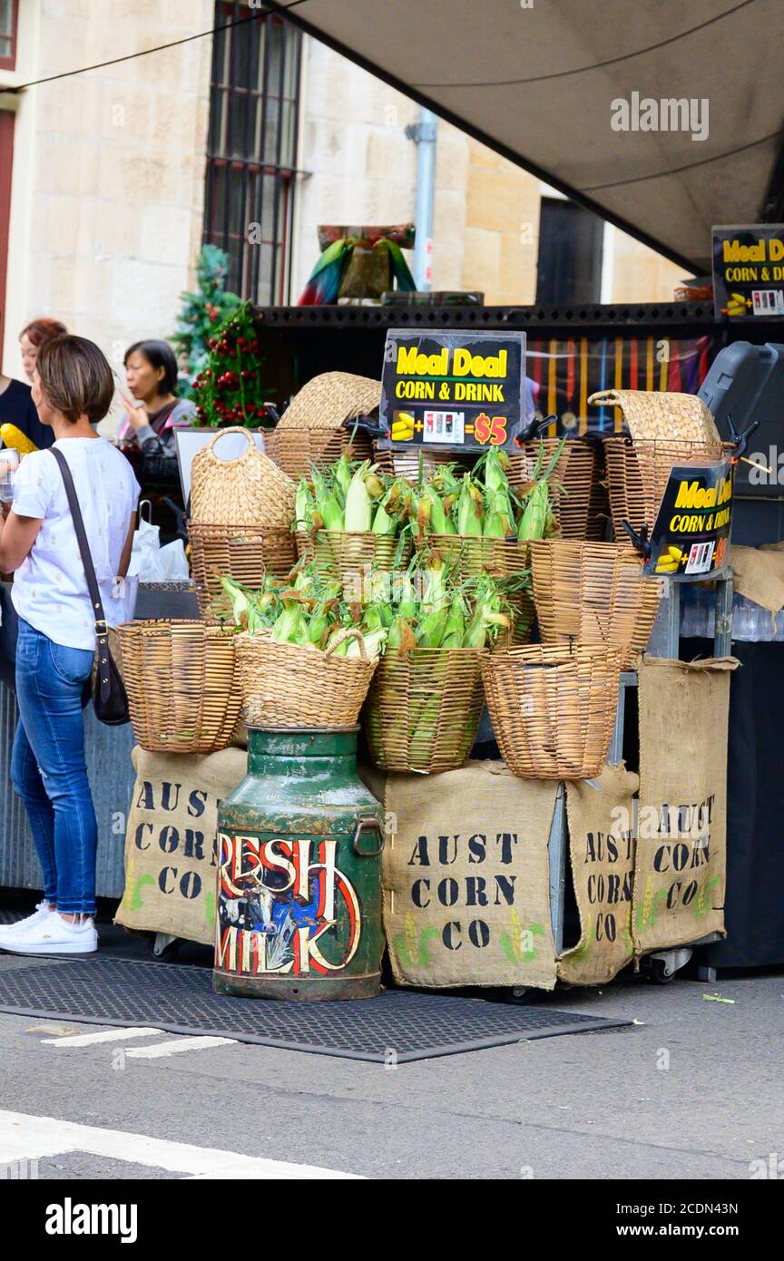 Boiled Corn on the cob Stall on a sunny summer afternoon at the Rocks ...
