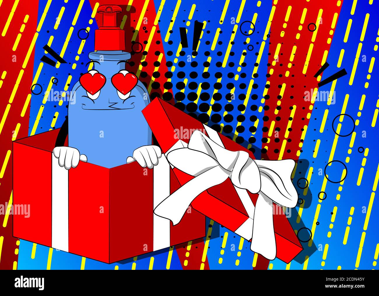 Cartoon Bottle of hand sanitizer gel for hygiene with face in a gift ...