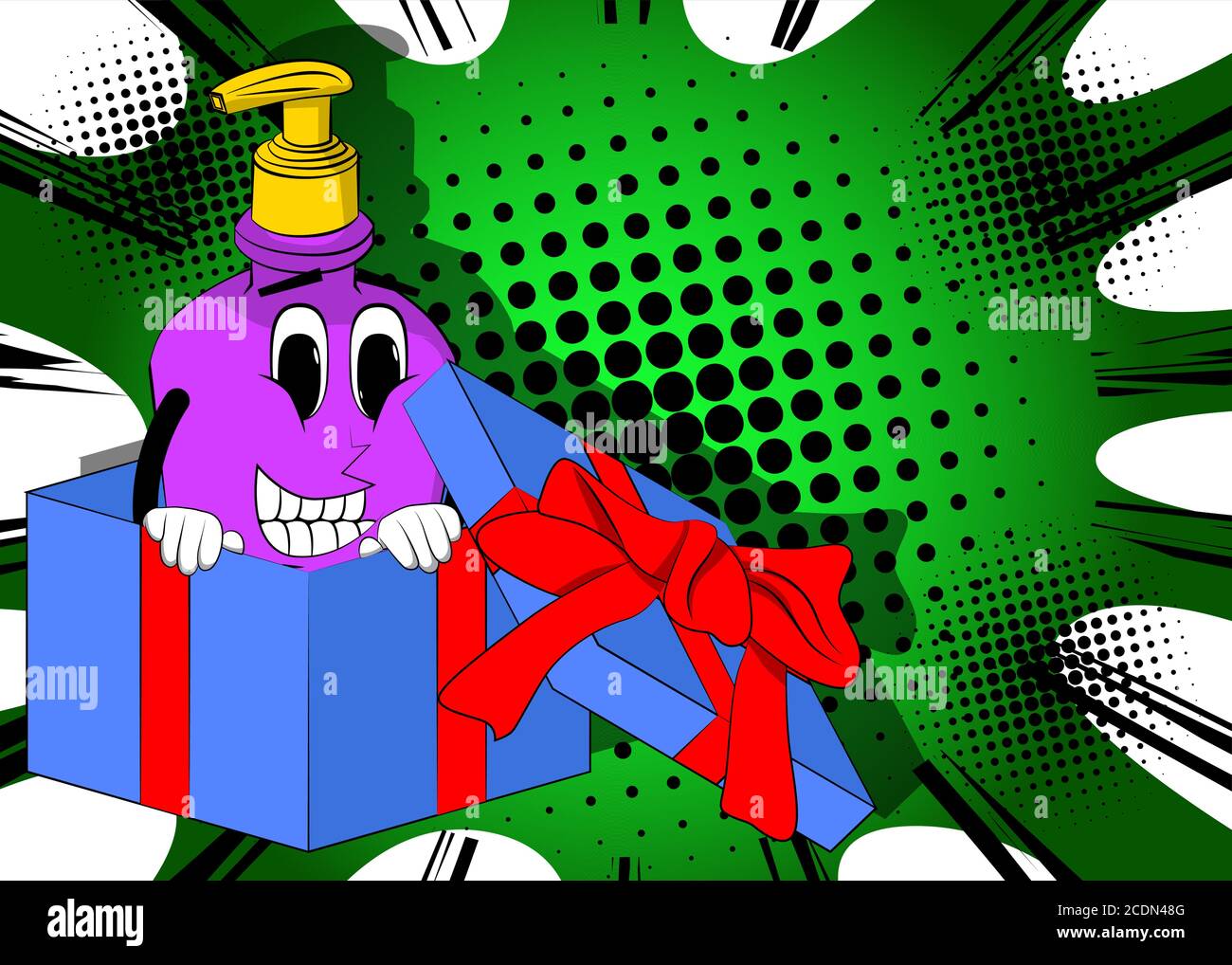 Cartoon Bottle of hand sanitizer gel for hygiene with face in a gift ...