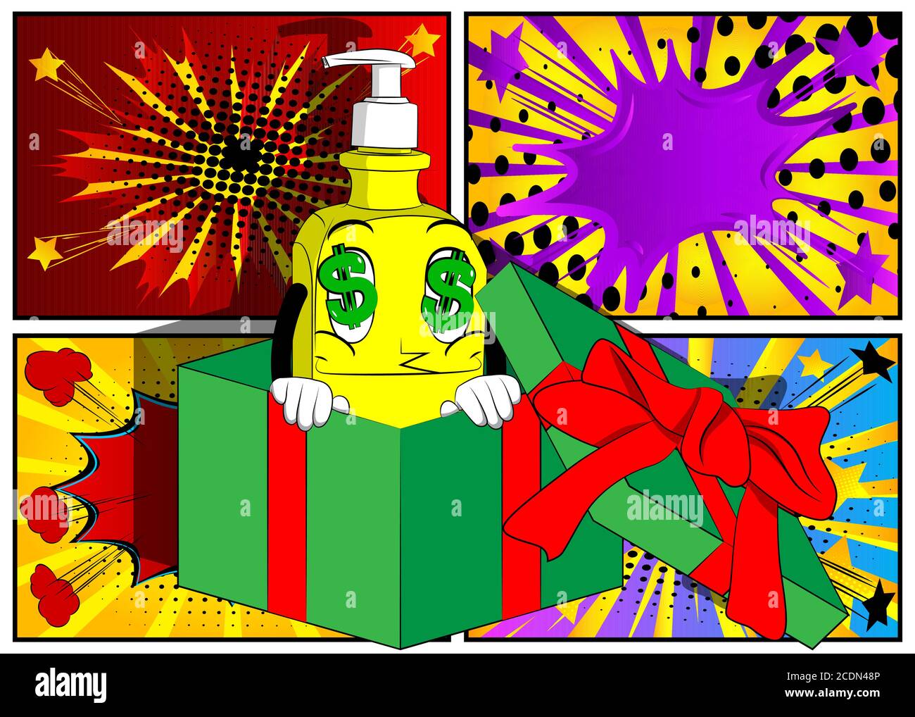 Cartoon Bottle of hand sanitizer gel for hygiene with face in a gift ...