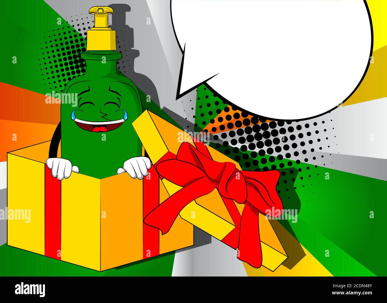 Cartoon Bottle of hand sanitizer gel for hygiene with face in a gift ...