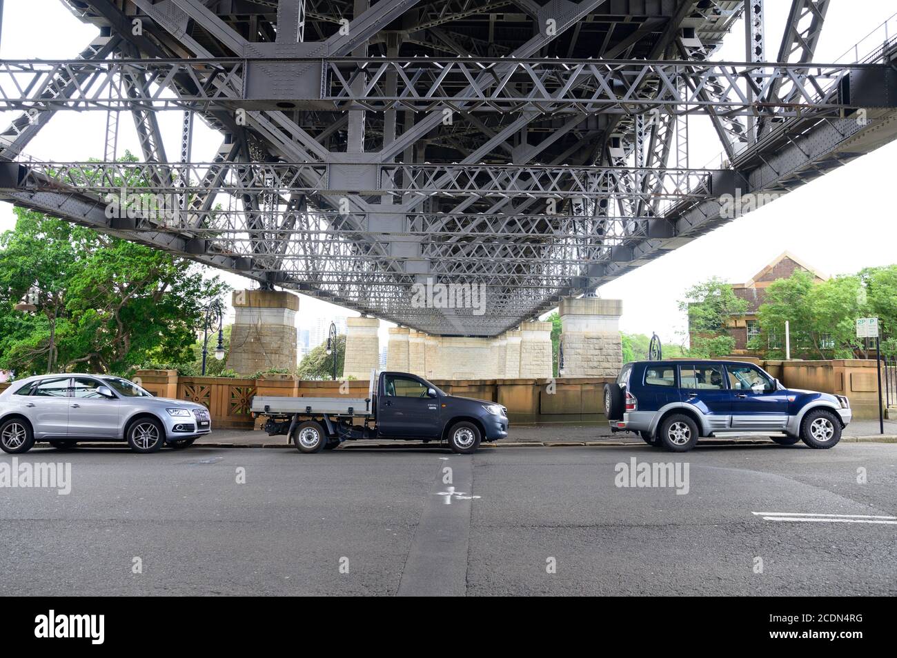 View of Harbour Bridge Structure underneath on a cloudy summer ...