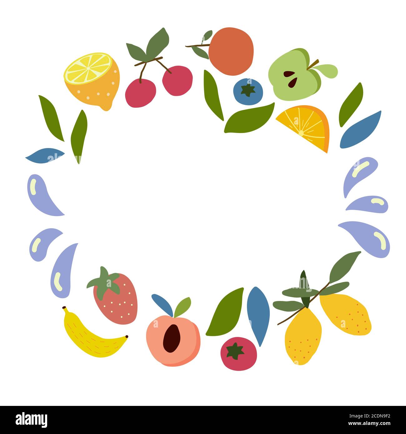 Frame from fruits and leaves on a white background. Vector graphics for ...