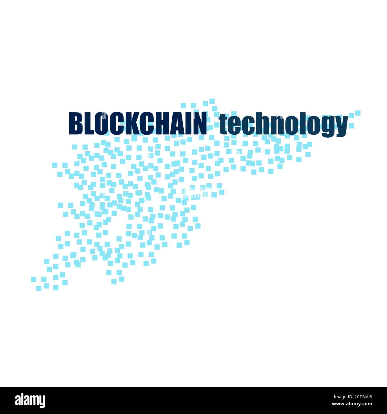Blockchain technology text with flying blocks isolated on white. Blue ...