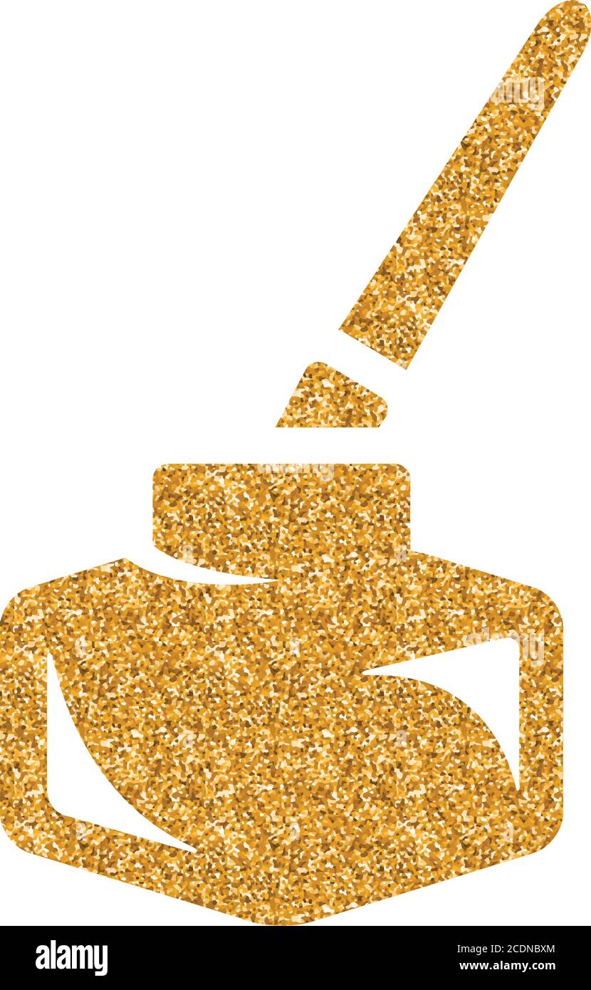 Ink pot icon with brush in gold glitter texture. Sparkle luxury style ...
