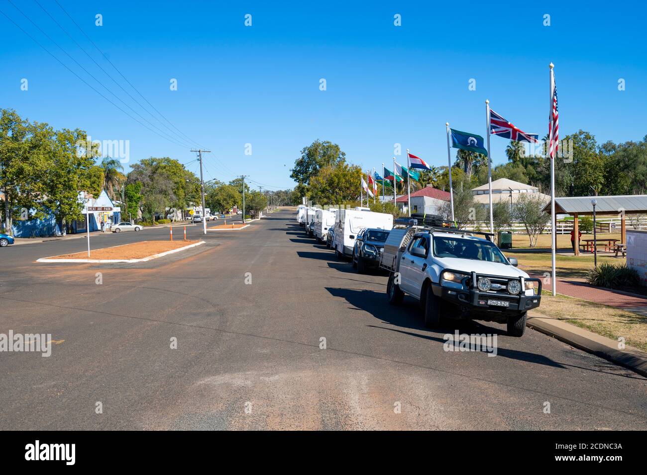 Caravans line the main street of Augathella, western Queensland ...