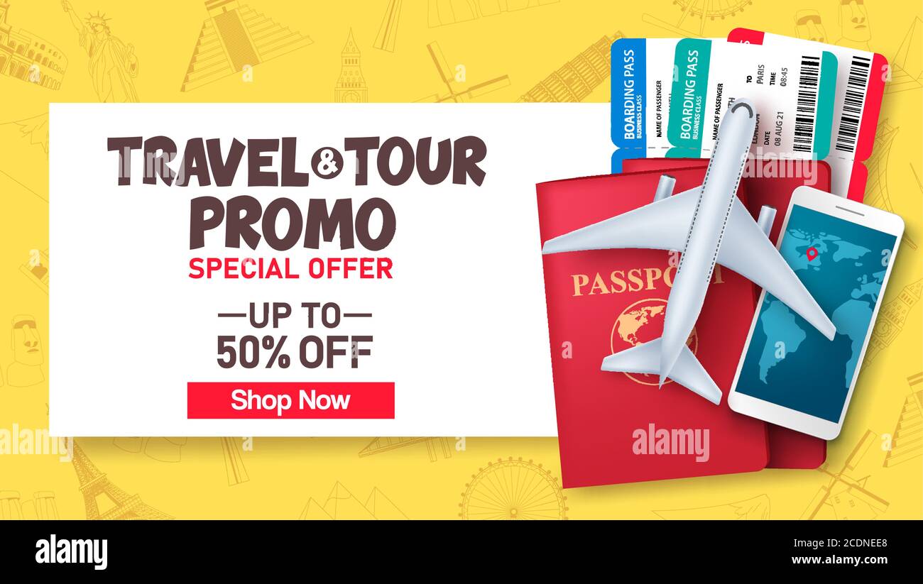 Travel and tour promo vector banner template. Travel sale online offer ...