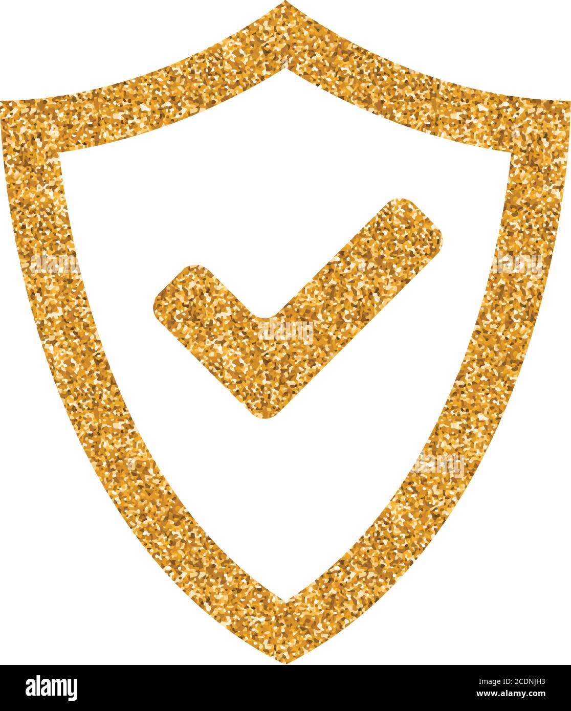 Shield icon with checkmark in gold glitter texture. Sparkle luxury ...