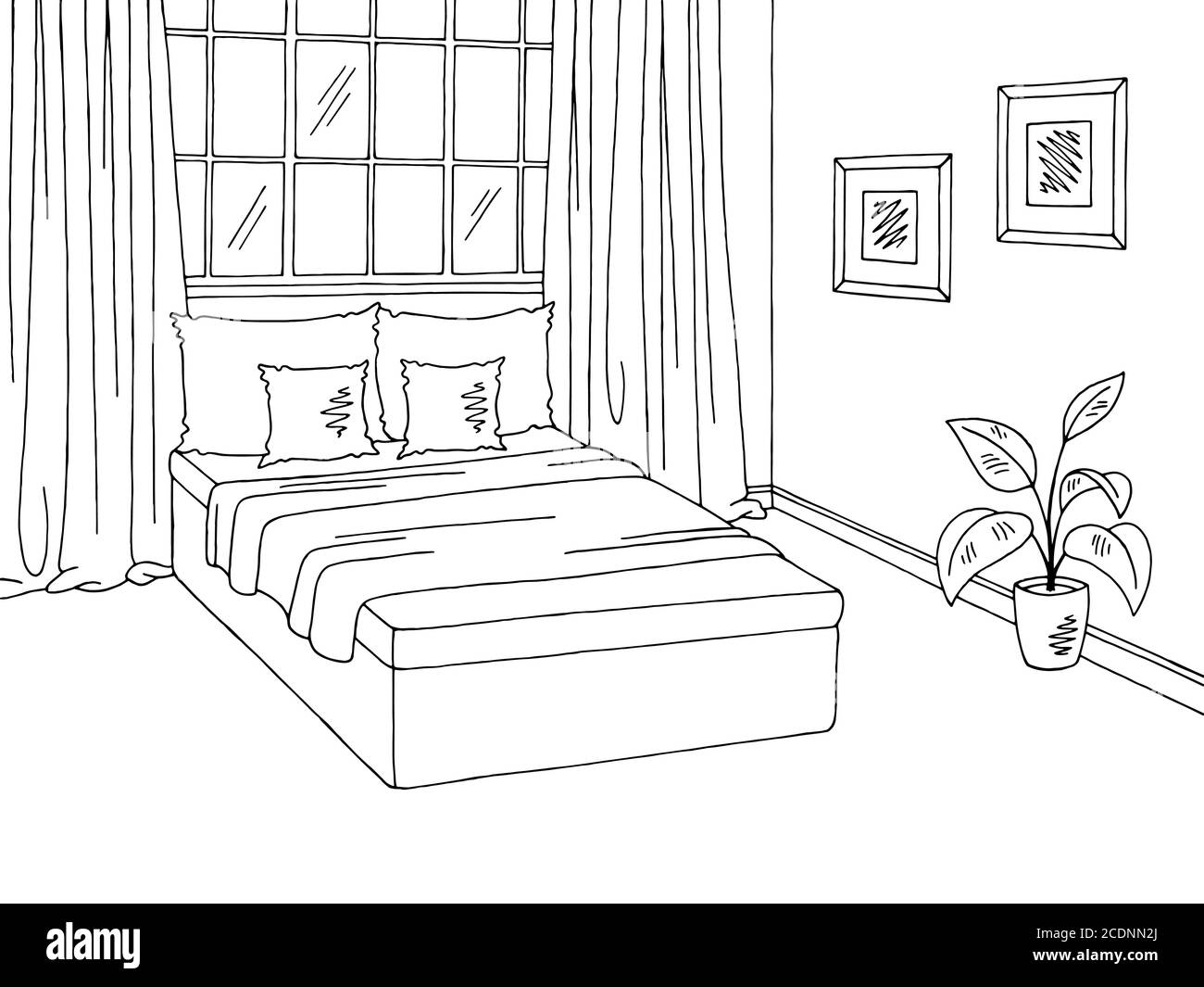 Bedroom graphic black white interior sketch illustration vector Stock ...