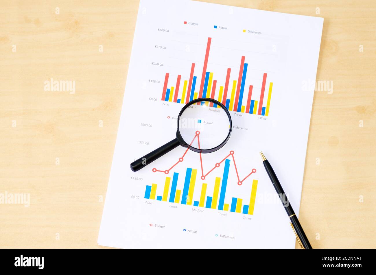 Pen and magnifying graph Stock Photo - Alamy