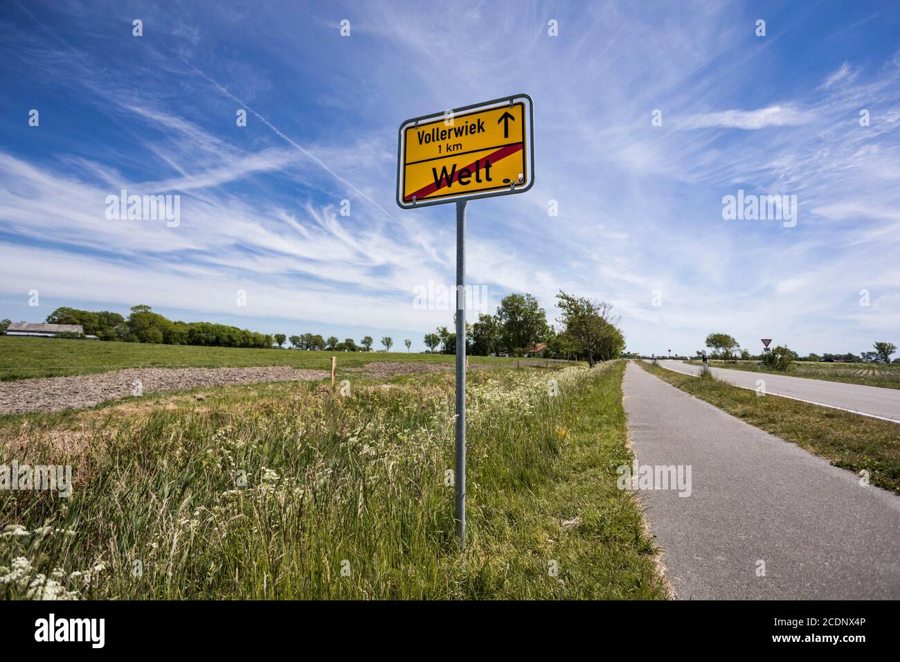 Village exit sign Welt in North Frisia means also the end of the world ...