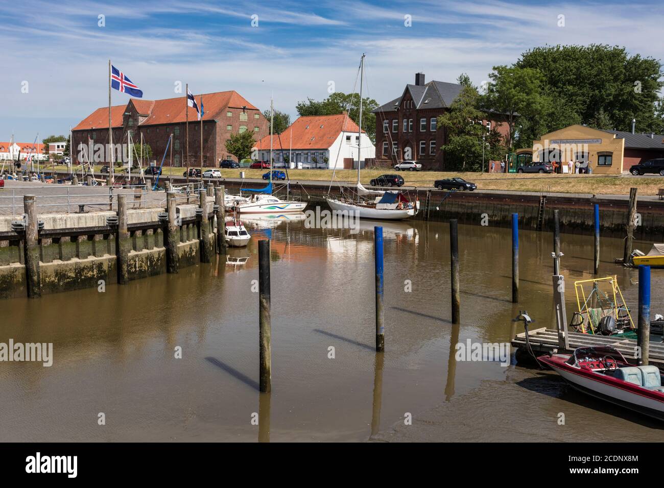Inner harbor of the town of Tonning in North Friesland with the large ...
