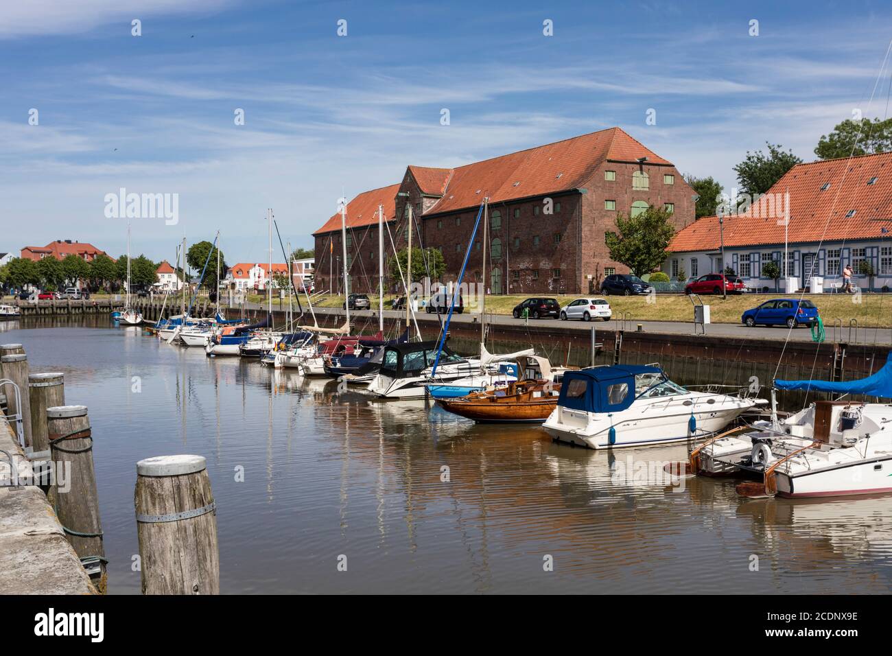 Inner harbor of the town of Tonning in North Friesland with the large ...