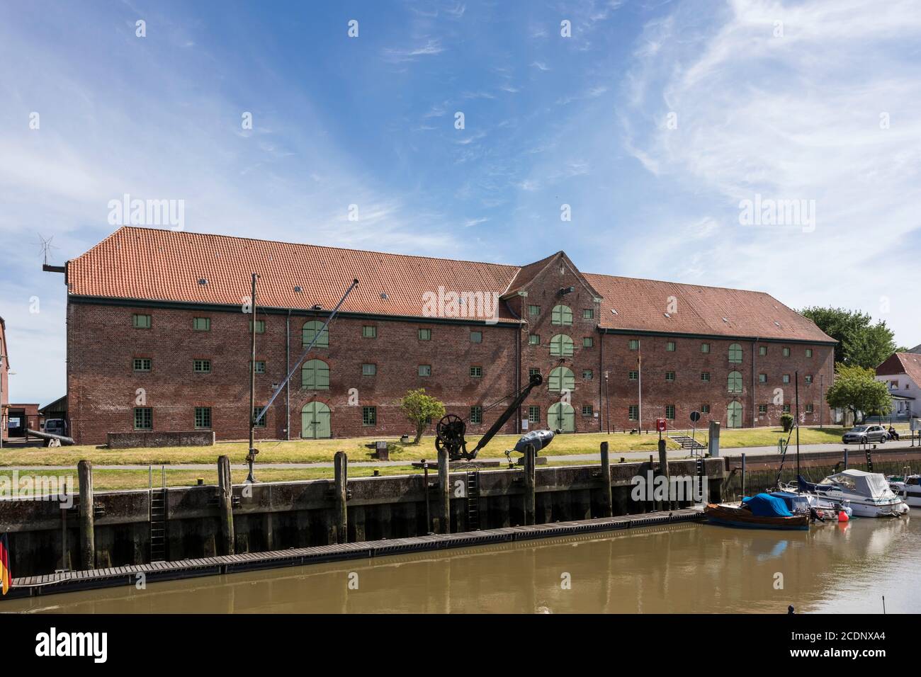 Inner harbor of the town of Tonning in North Friesland with the large ...