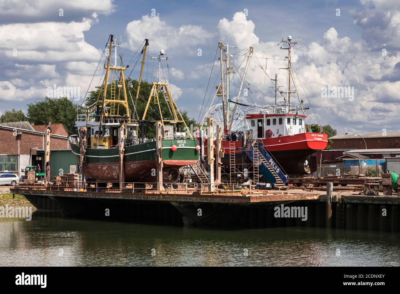 Dry dock of a shipyard in the fishing port during repair work on shrimp ...