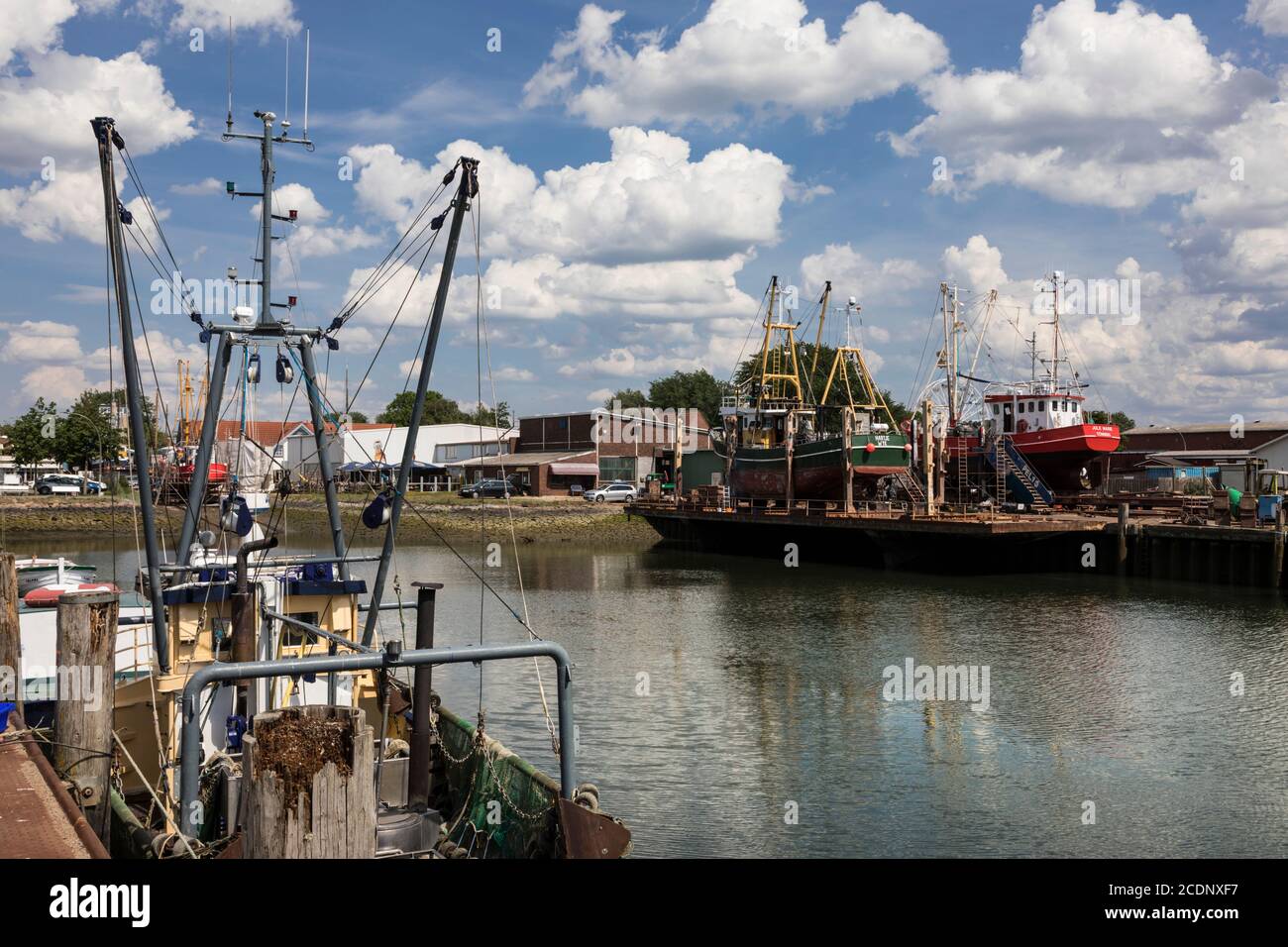 Dry dock of a shipyard in the fishing port during repair work on shrimp ...