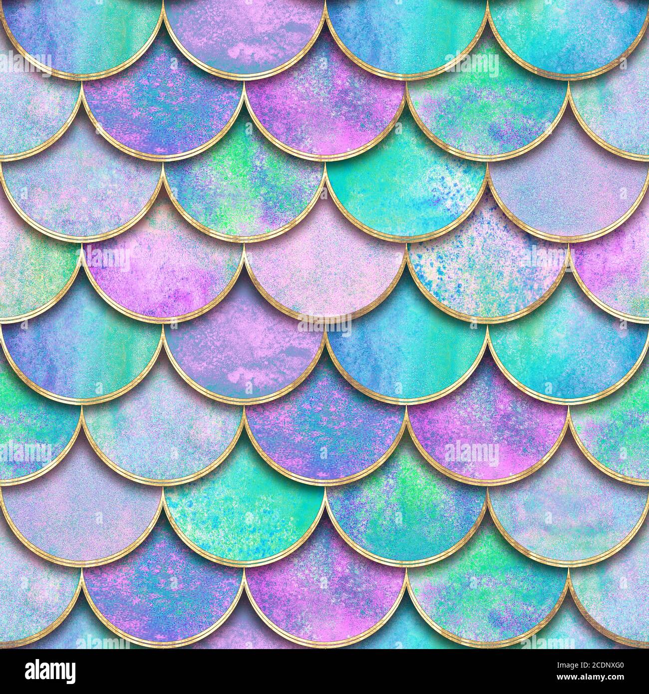 Mermaid fish scale wave japanese seamless pattern. Watercolor hand ...